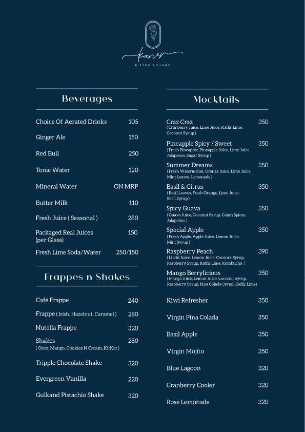 Menu at Kaner Bagh, Udaipur, 11C