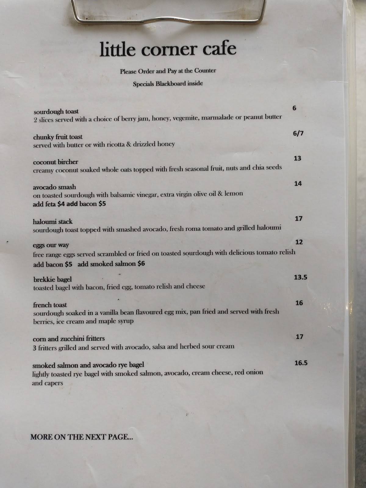 Menu at Little Corner Cafe, Wooloowin