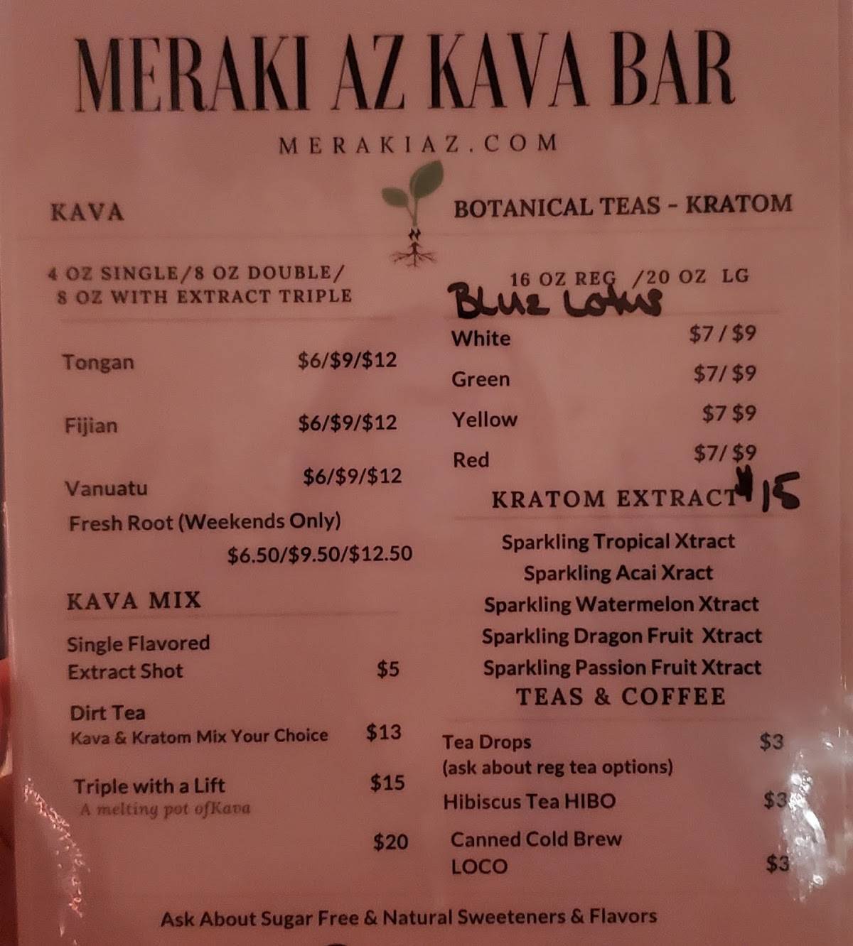 Menu at Meraki AZ Kava Bar, Phoenix