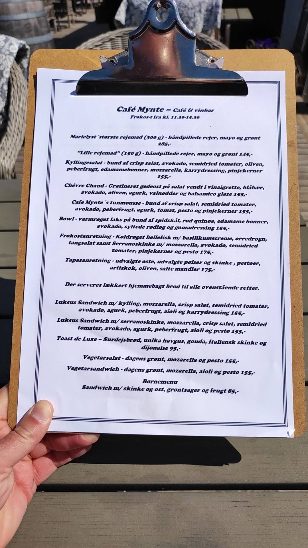 Menu at Café Mynte cafe, Denmark