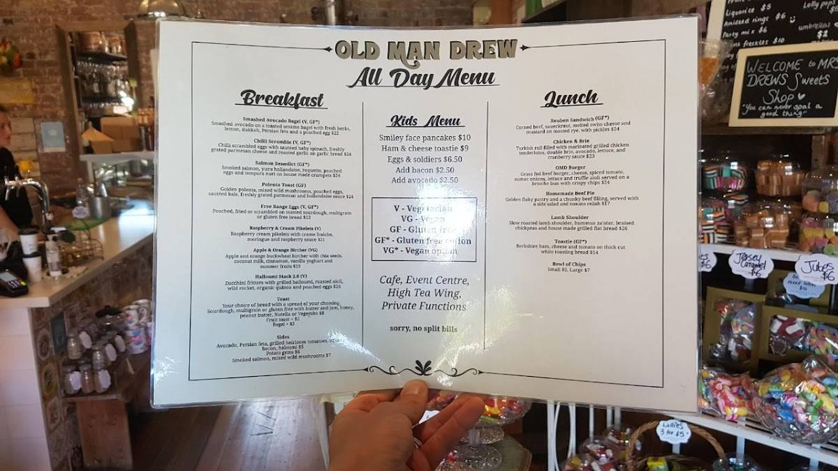 Menu at Old Man Drew cafe, Ascot Vale