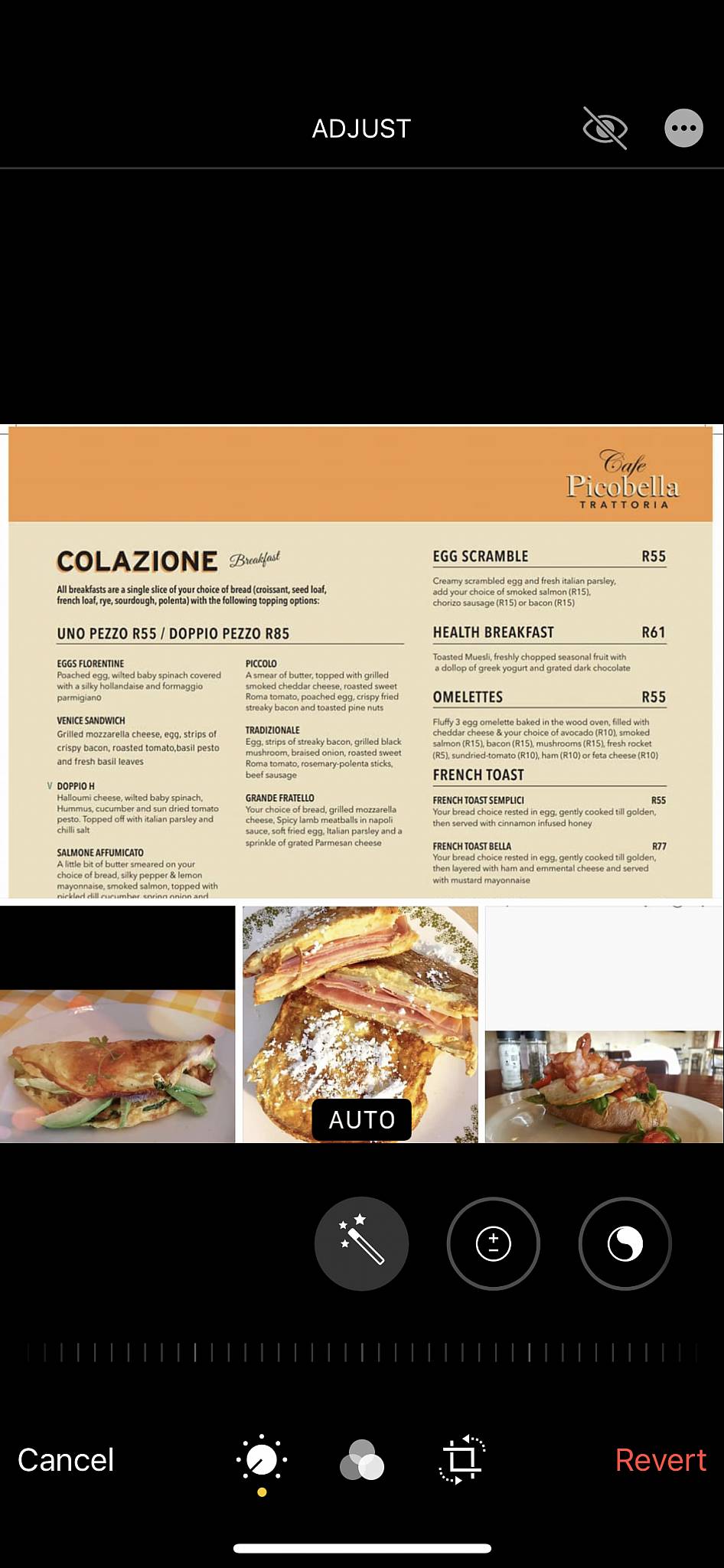 Menu at Cafe Picobella Trattoria, Johannesburg
