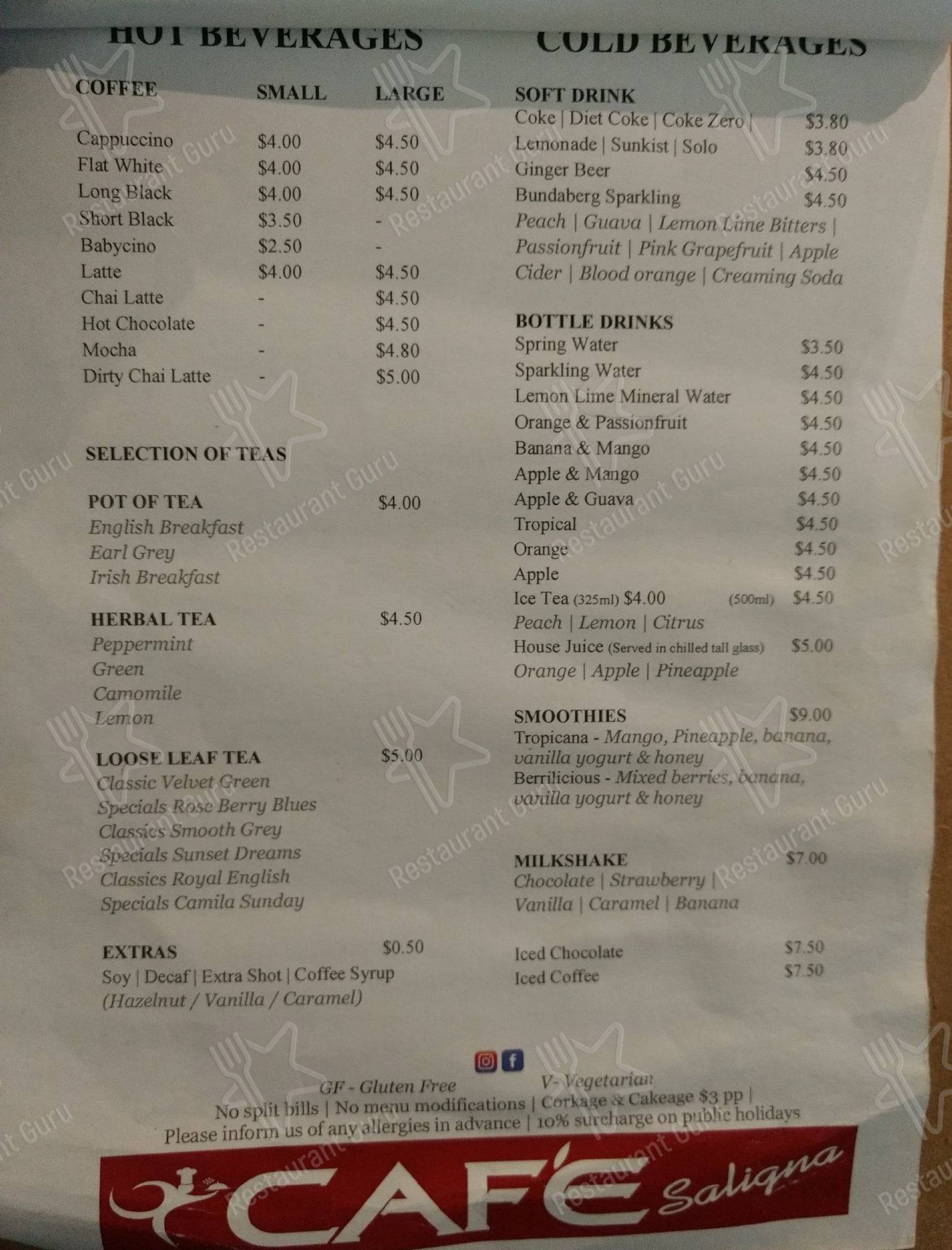 Menu at Cafe Saligna, West Pennant Hills, Cumberland State Forest