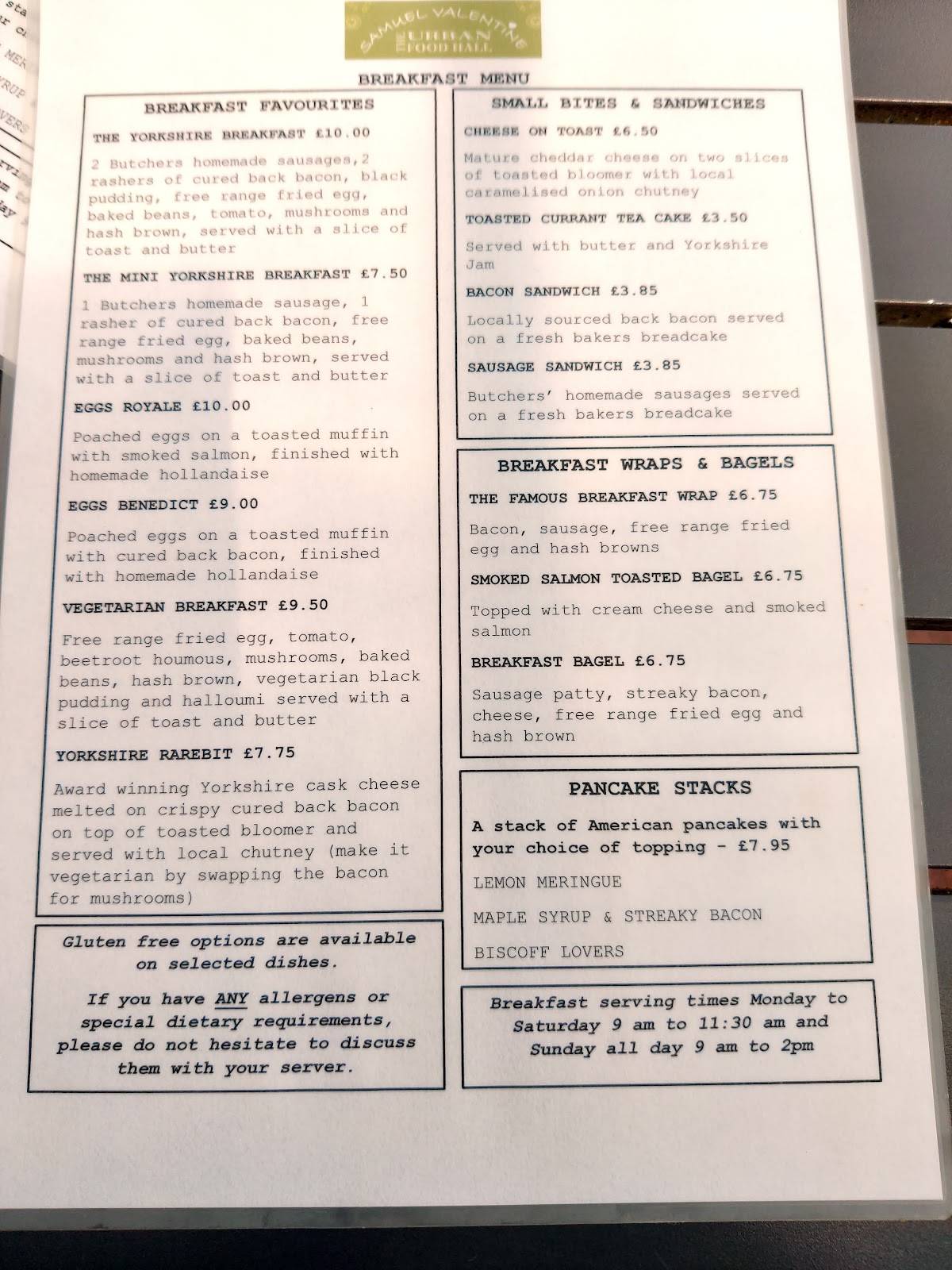 Menu at Samuel Valentine Urban Food Hall cafe, Castleford