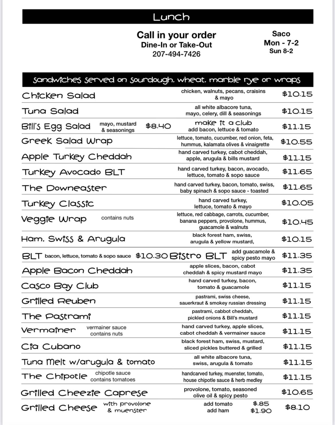 Menu at Social House Kitchen cafe, Saco