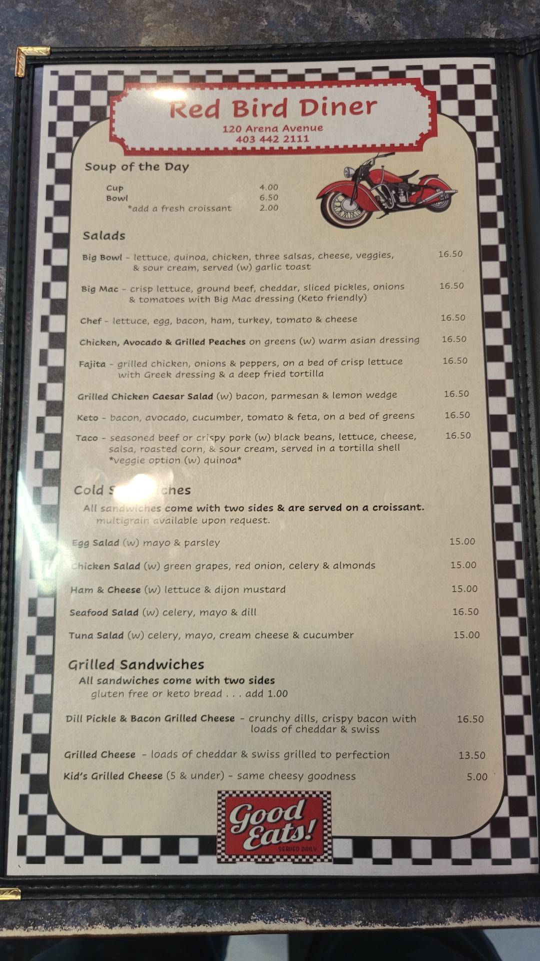 Menu at Red Bird Diner restaurant, Trochu
