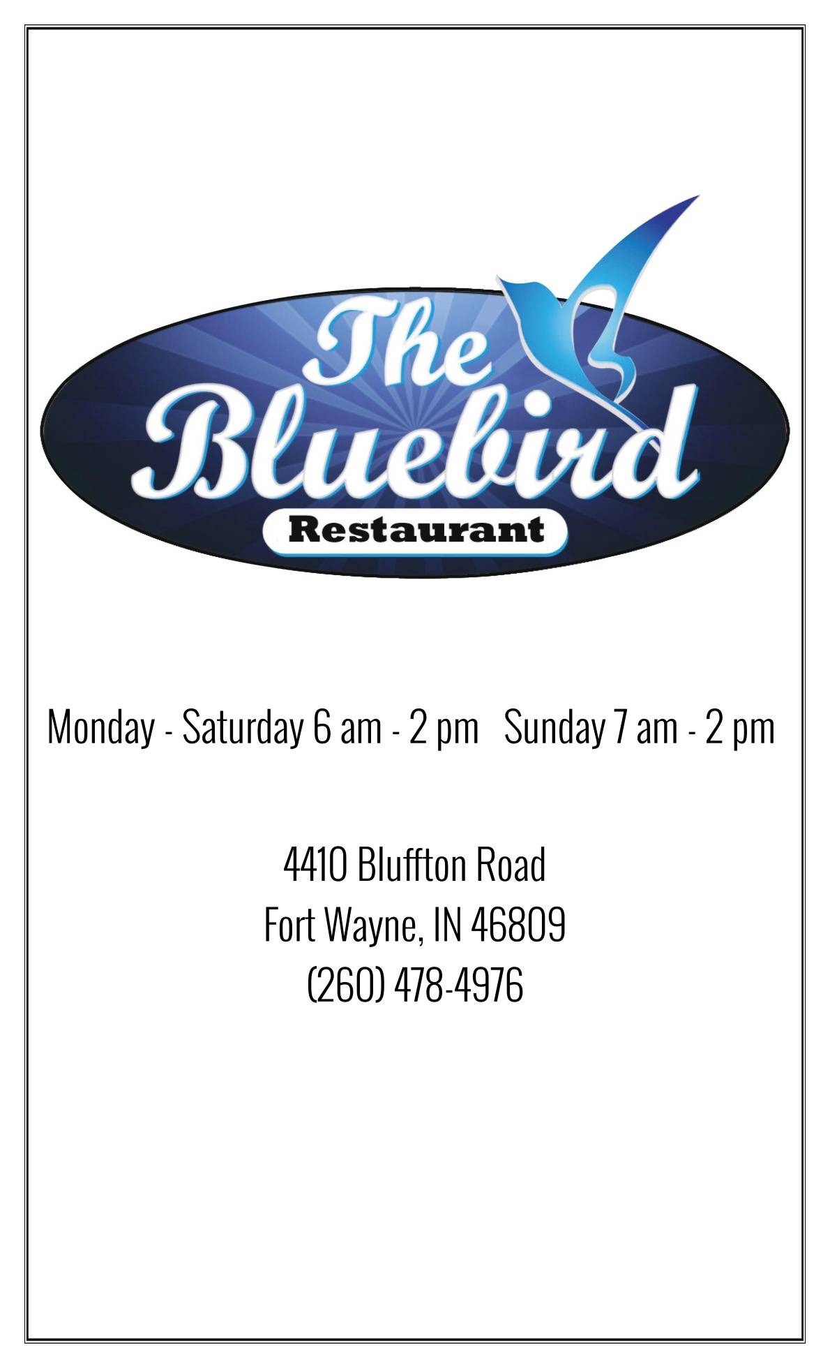 Menu at The Bluebird Restaurant, Fort Wayne