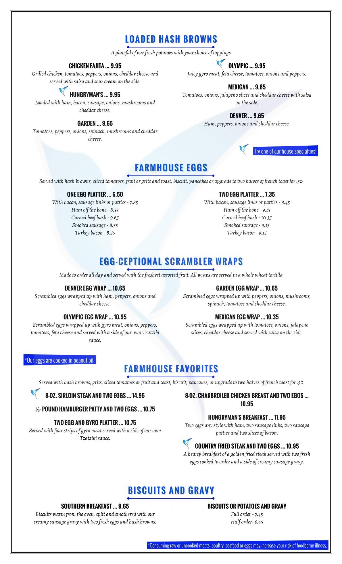 Menu at The Bluebird Restaurant, Fort Wayne
