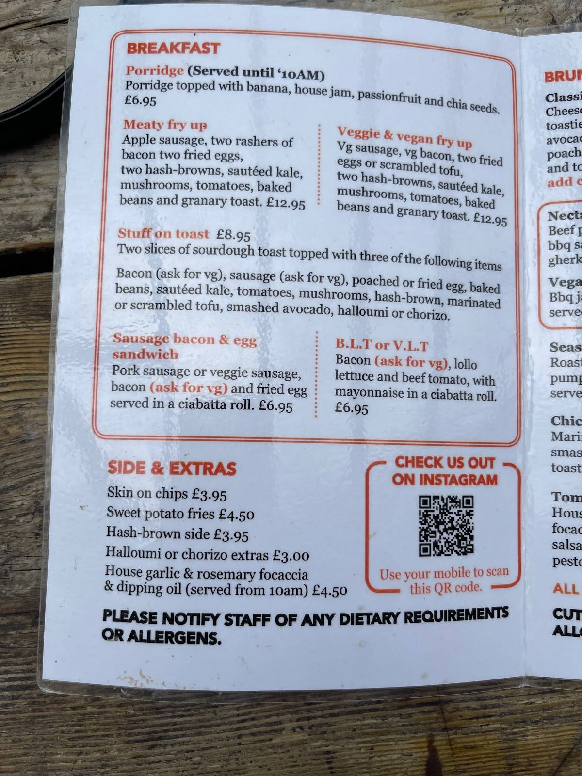 Menu at The Nectar House cafe, Bristol