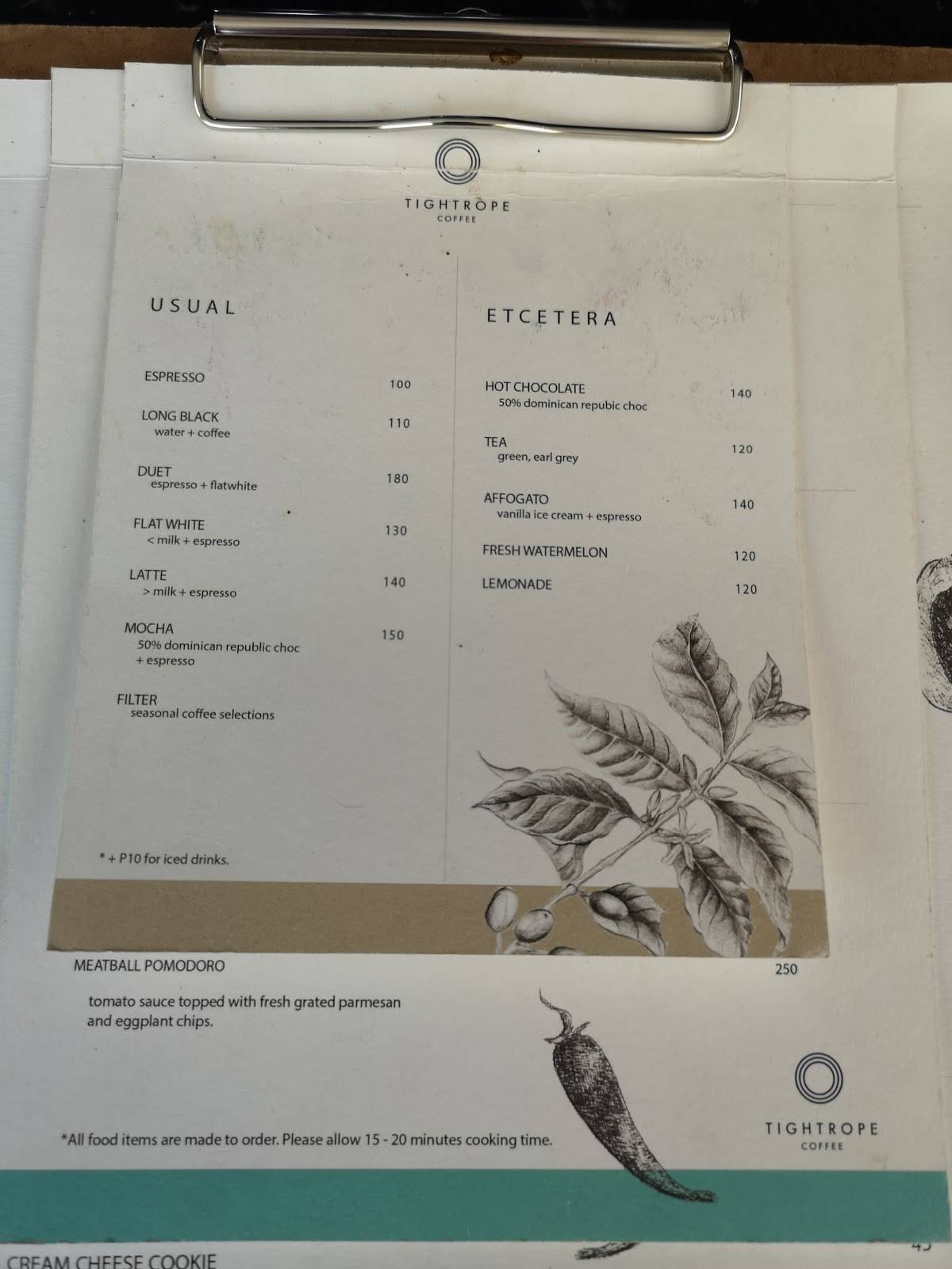 Menu at Tightrope Coffee cafe, Cebu City, M. L. Quezon Avenue