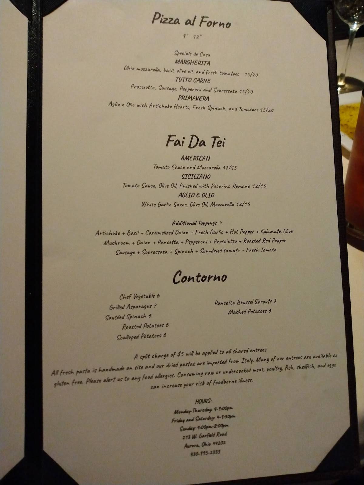 Menu at Cafe Toscano, Aurora