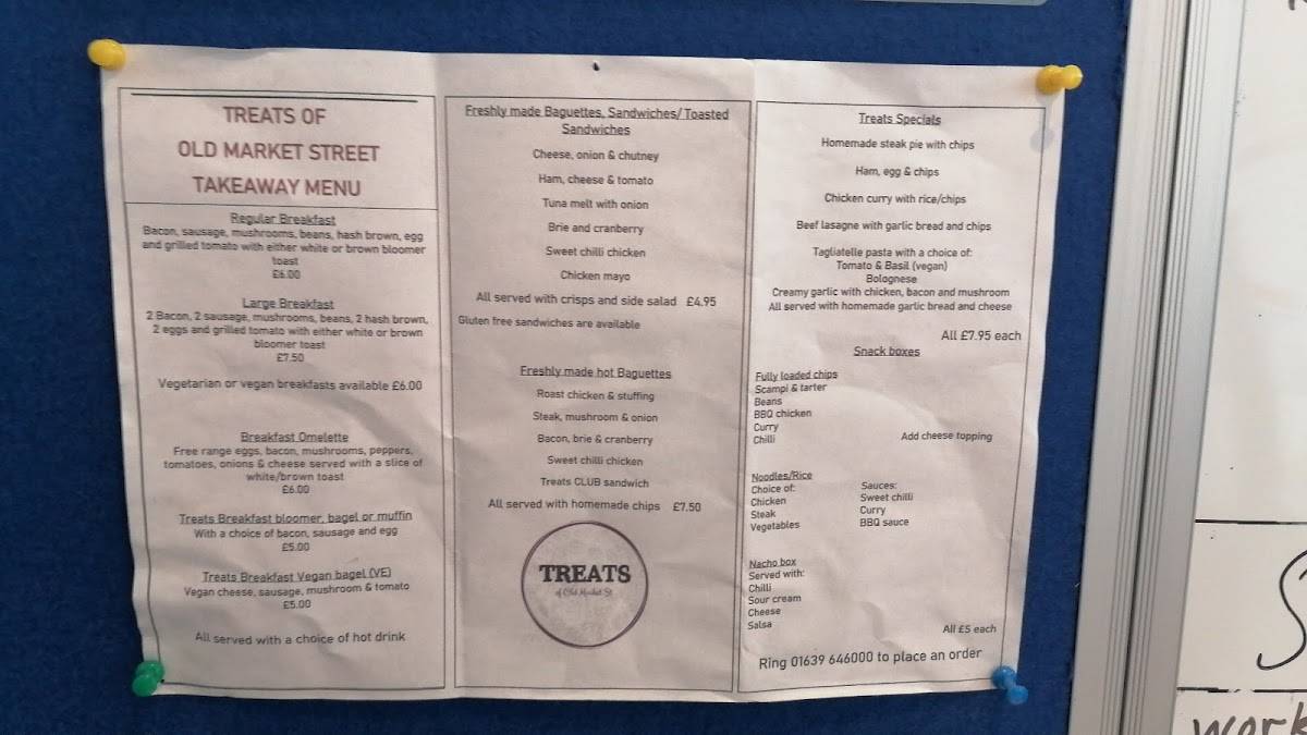 Menu at Treats cafe, Neath