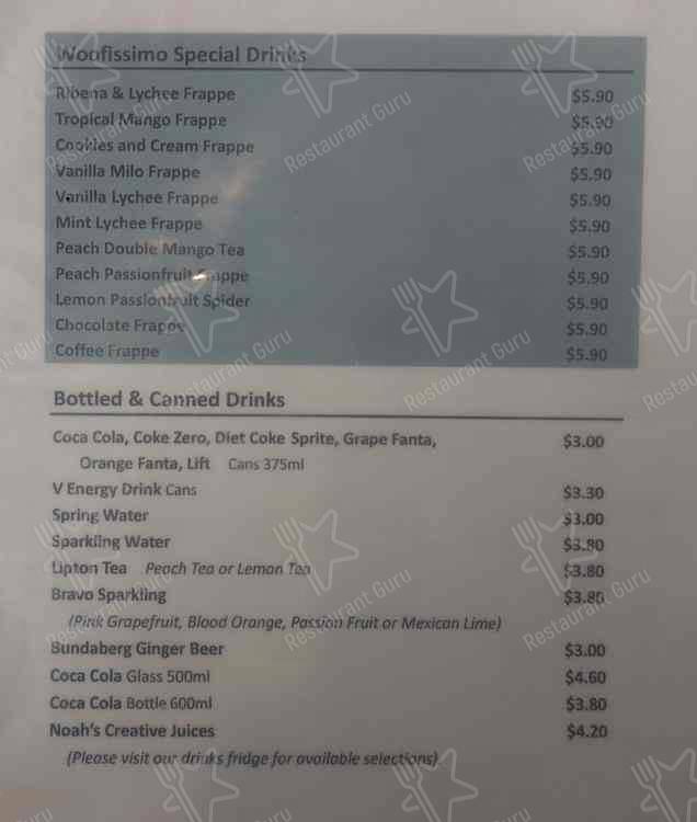Menu at Woofissimo cafe, Macgregor