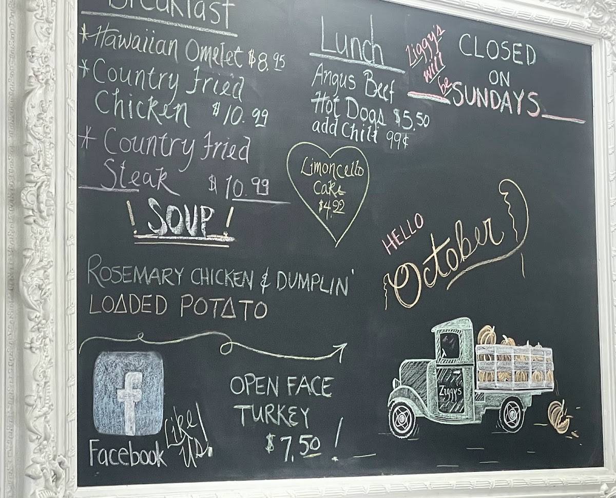 Menu at Ziggy's Cafe, Havelock, 462 U.S. Hwy 70 W