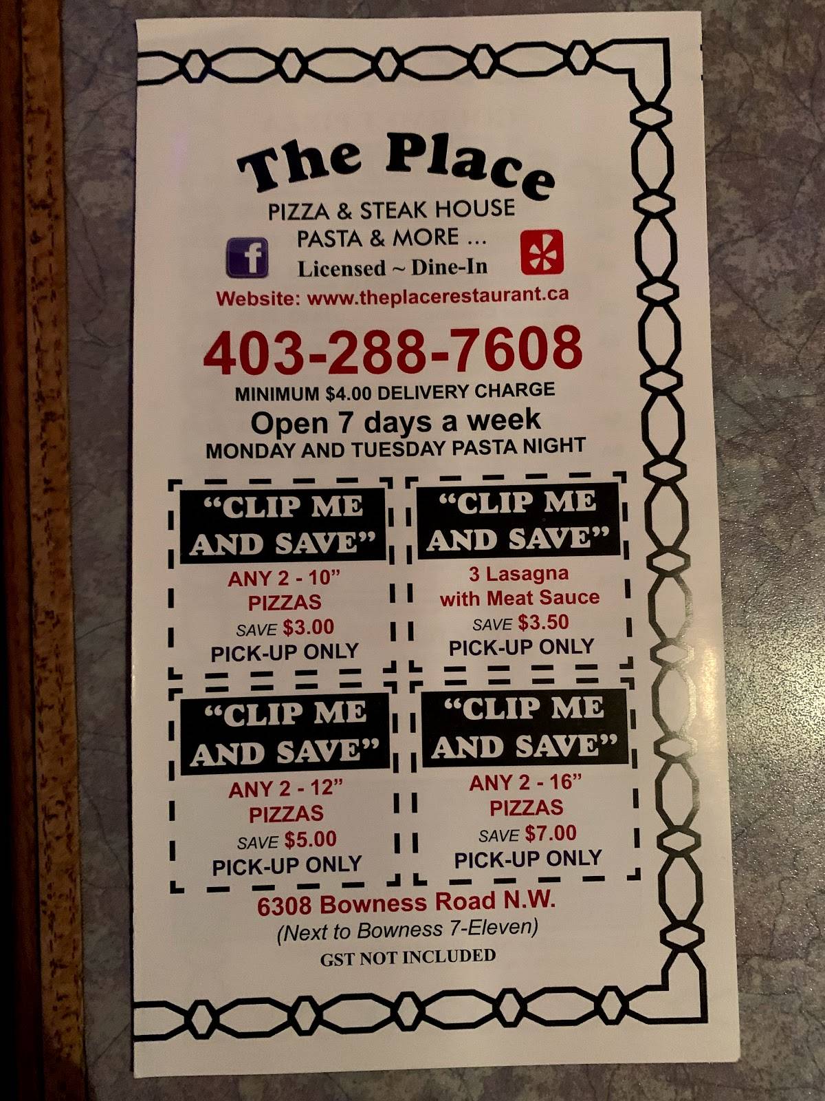 Menu at The Place Steakhouse, Calgary, Bowness Rd NW