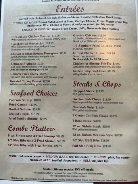 Menu at Callahan's Restaurant, Elkhart
