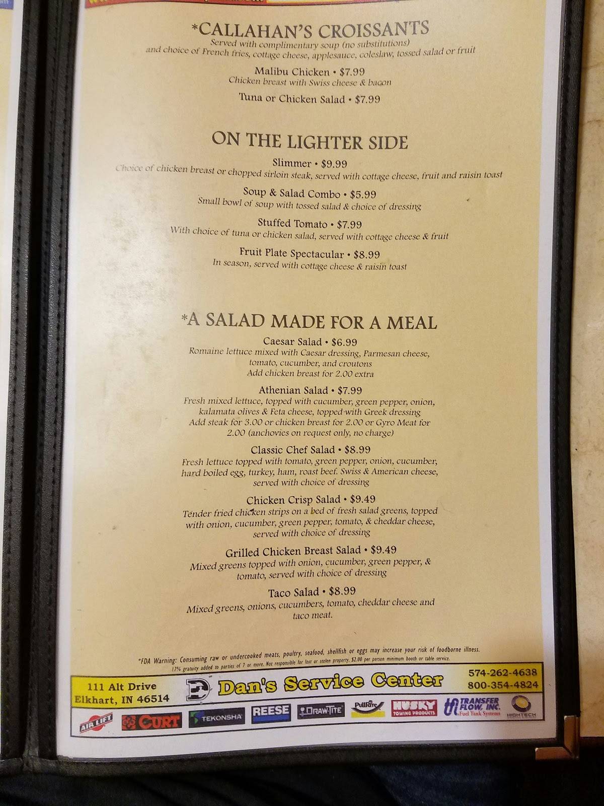 Menu at Callahan's Restaurant, Elkhart