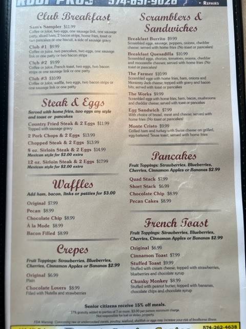 Menu at Callahan's Restaurant, Elkhart