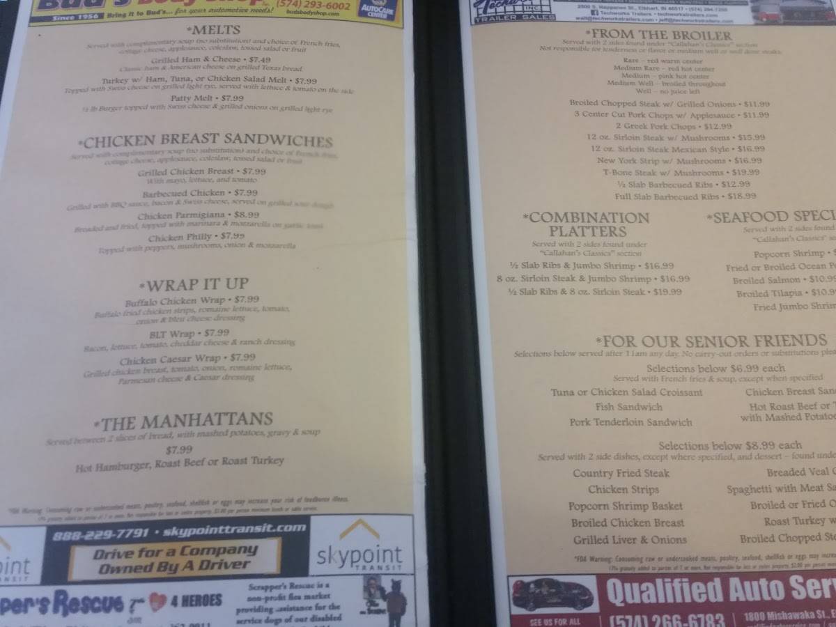 Menu at Callahan's Restaurant, Elkhart