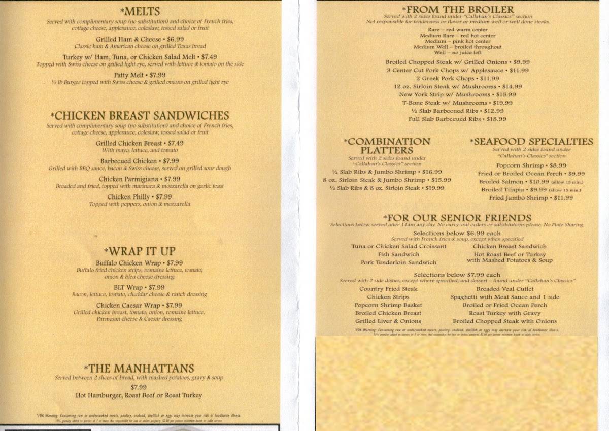 Menu at Callahan's Restaurant, Elkhart