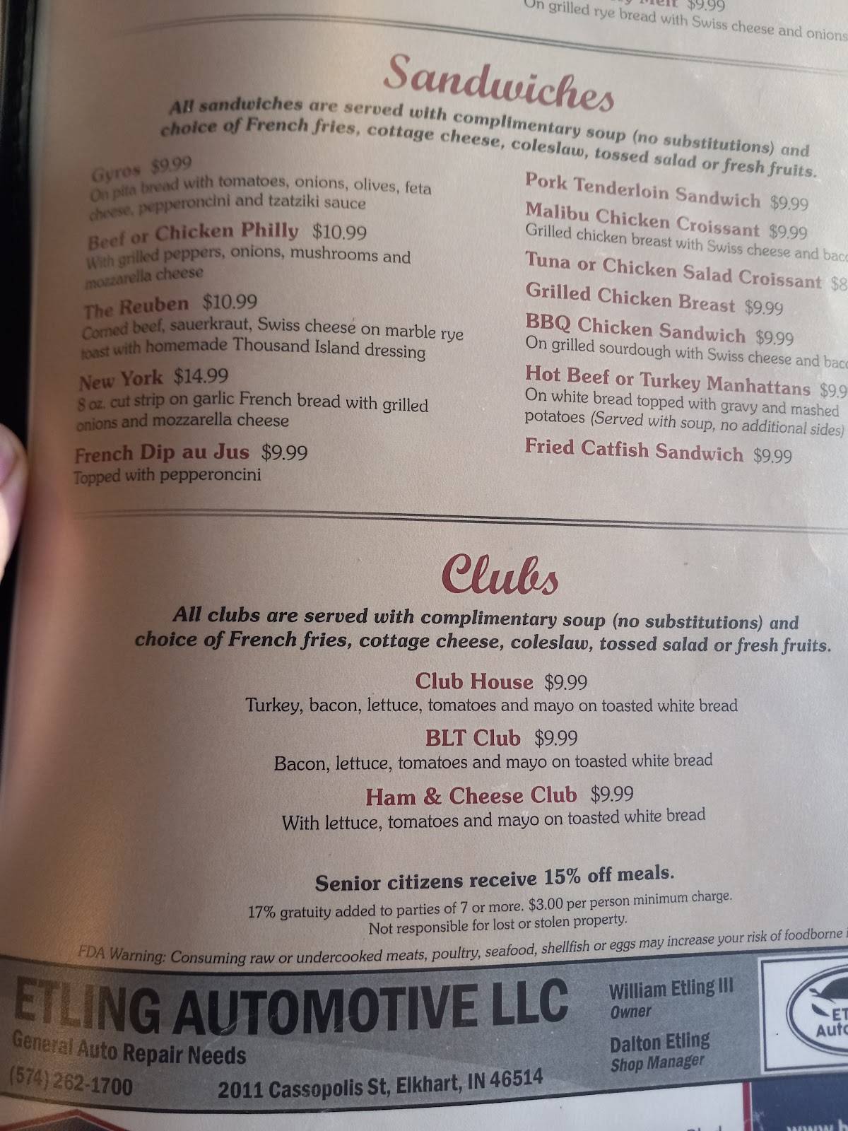 Menu at Callahan's Restaurant, Elkhart