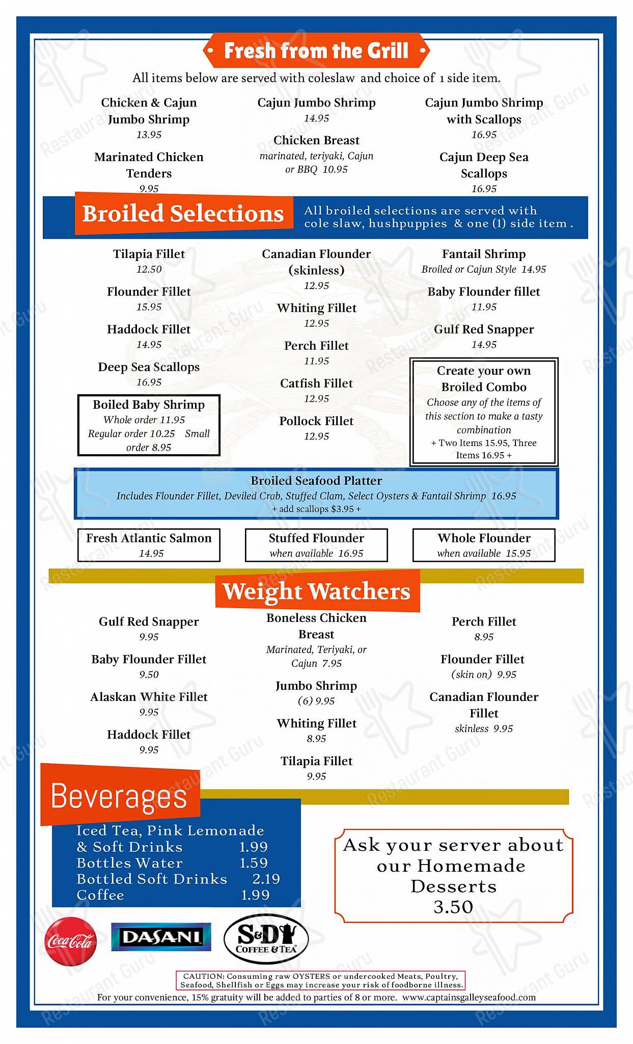 Menu at Captain's Galley Seafood restaurant, Granite Falls, Hickory Blvd