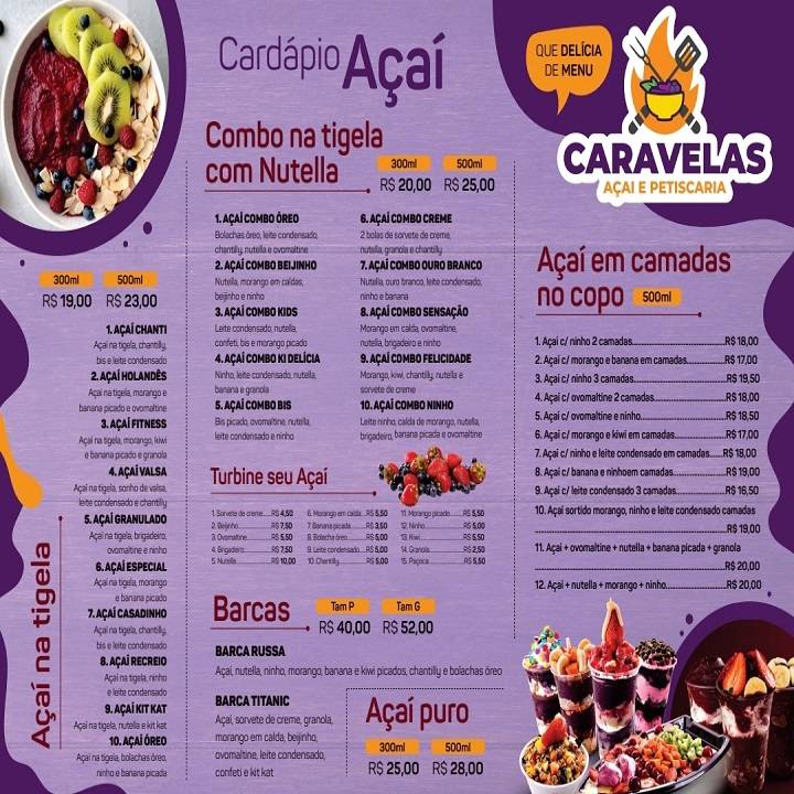 Menu at Caravelas Açaí e Petiscaria restaurant, Monte Carmelo