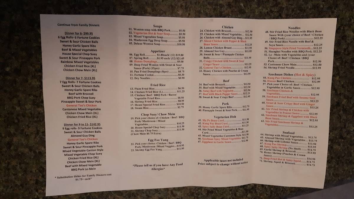 Menu at Fisherman Palace restaurant, Carleton Place