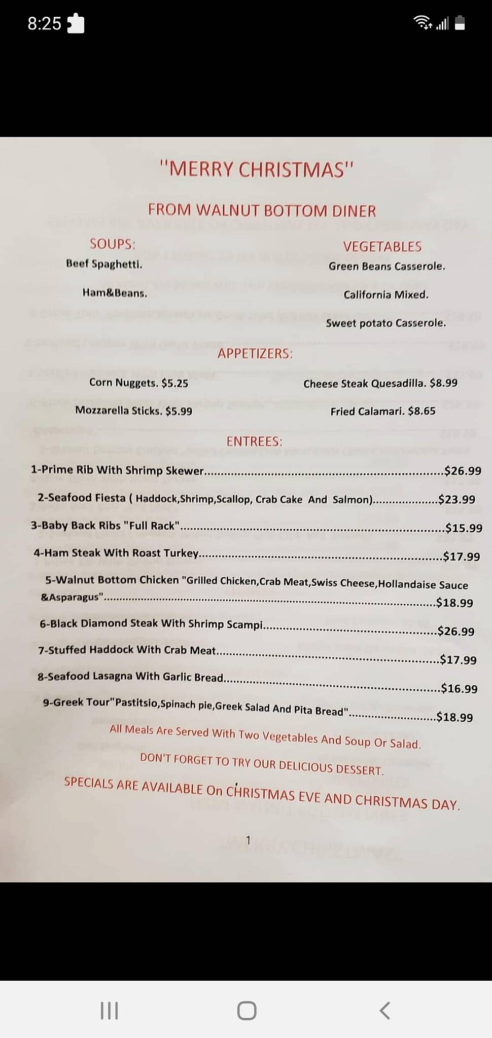 Menu at Walnut Bottom Diner restaurant, Carlisle