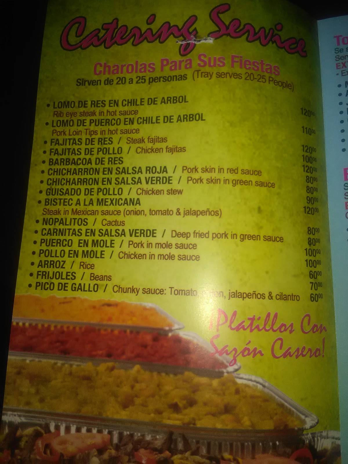 Menu at Carniceria y Taqueria Aguascalientes restaurant, Chicago, W 26th St
