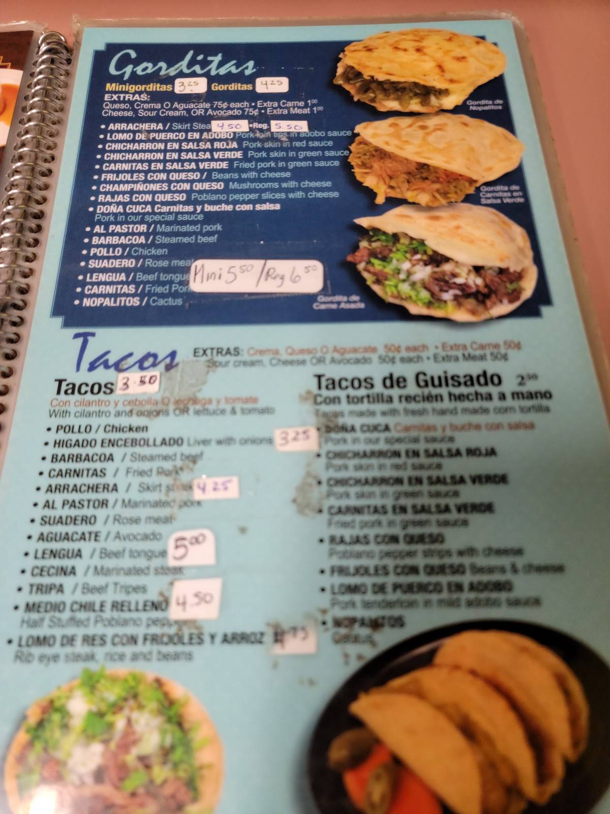 Menu at Carniceria y Taqueria Aguascalientes restaurant, Chicago, W 26th St