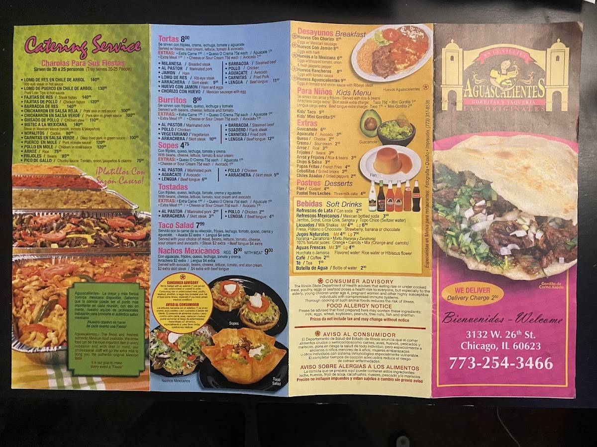 Menu at Carniceria y Taqueria Aguascalientes restaurant, Chicago, W 26th St