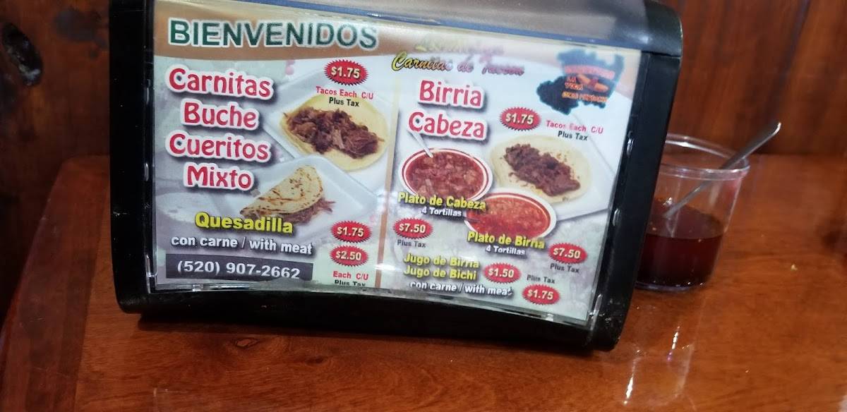 Menu at Carnitas la Yoca restaurant, Tucson, S 6th Ave