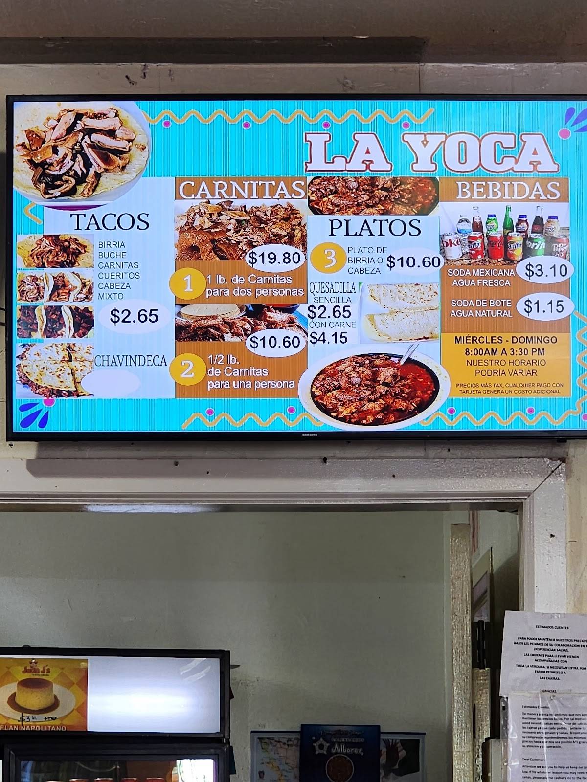 Menu at Carnitas la Yoca restaurant, Tucson, S 6th Ave