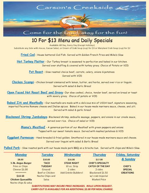 Menu at Carson's Creekside Restaurant, Middle River