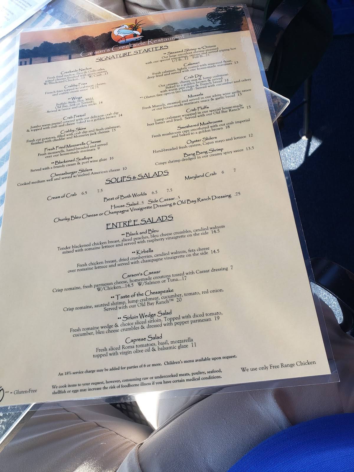 Menu at Carson's Creekside Restaurant, Middle River
