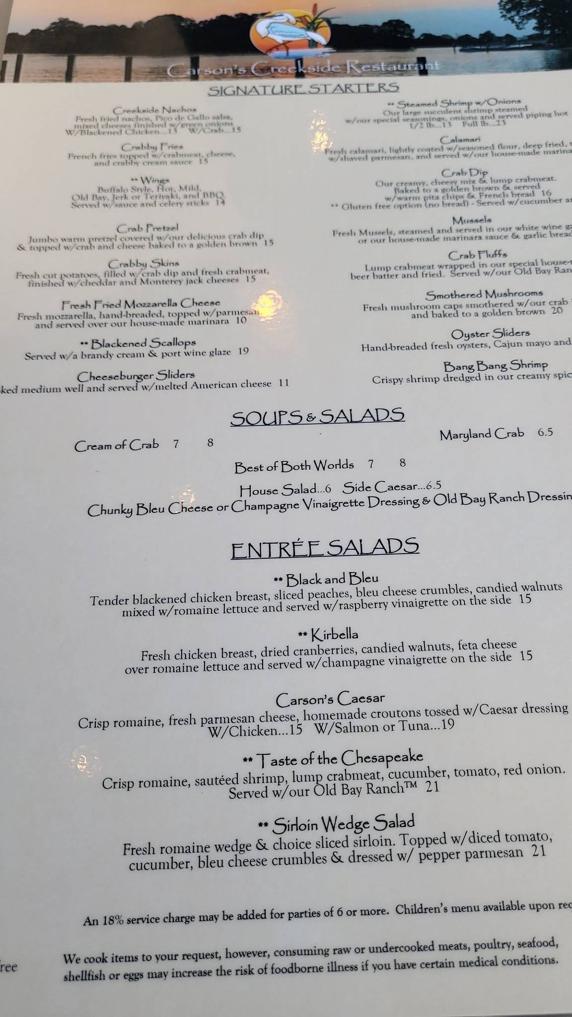 Menu at Carson's Creekside Restaurant, Middle River