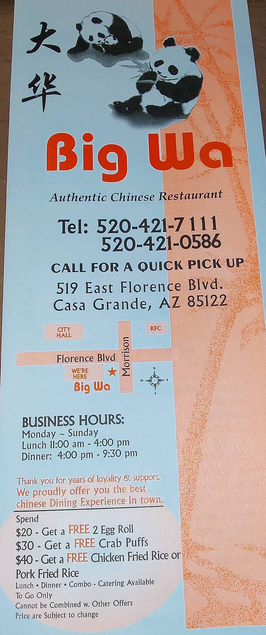 Menu at Big Wa Chinese Restaurant, Casa Grande