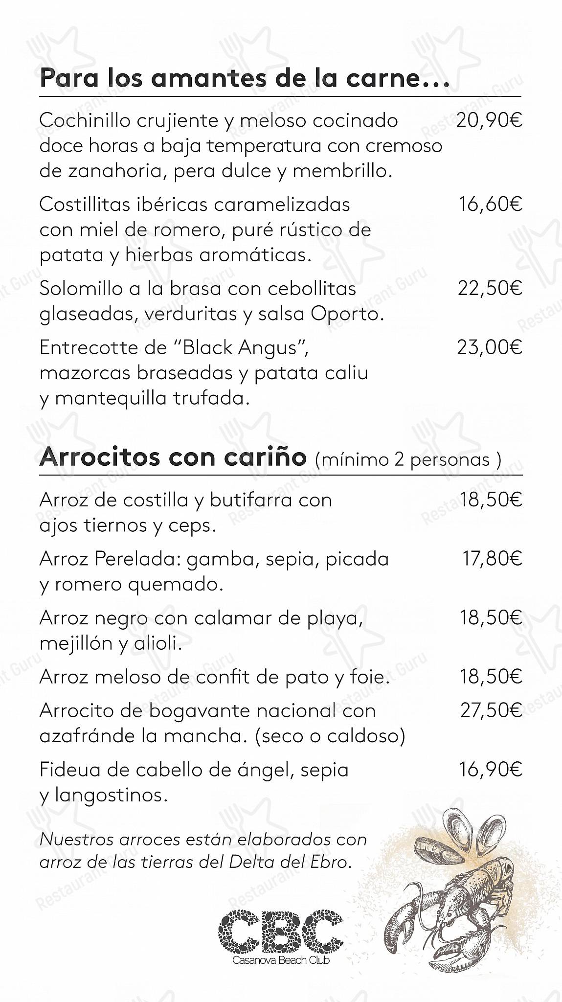 Carta de Restaurant Casanova Beach Club, Casteldefels