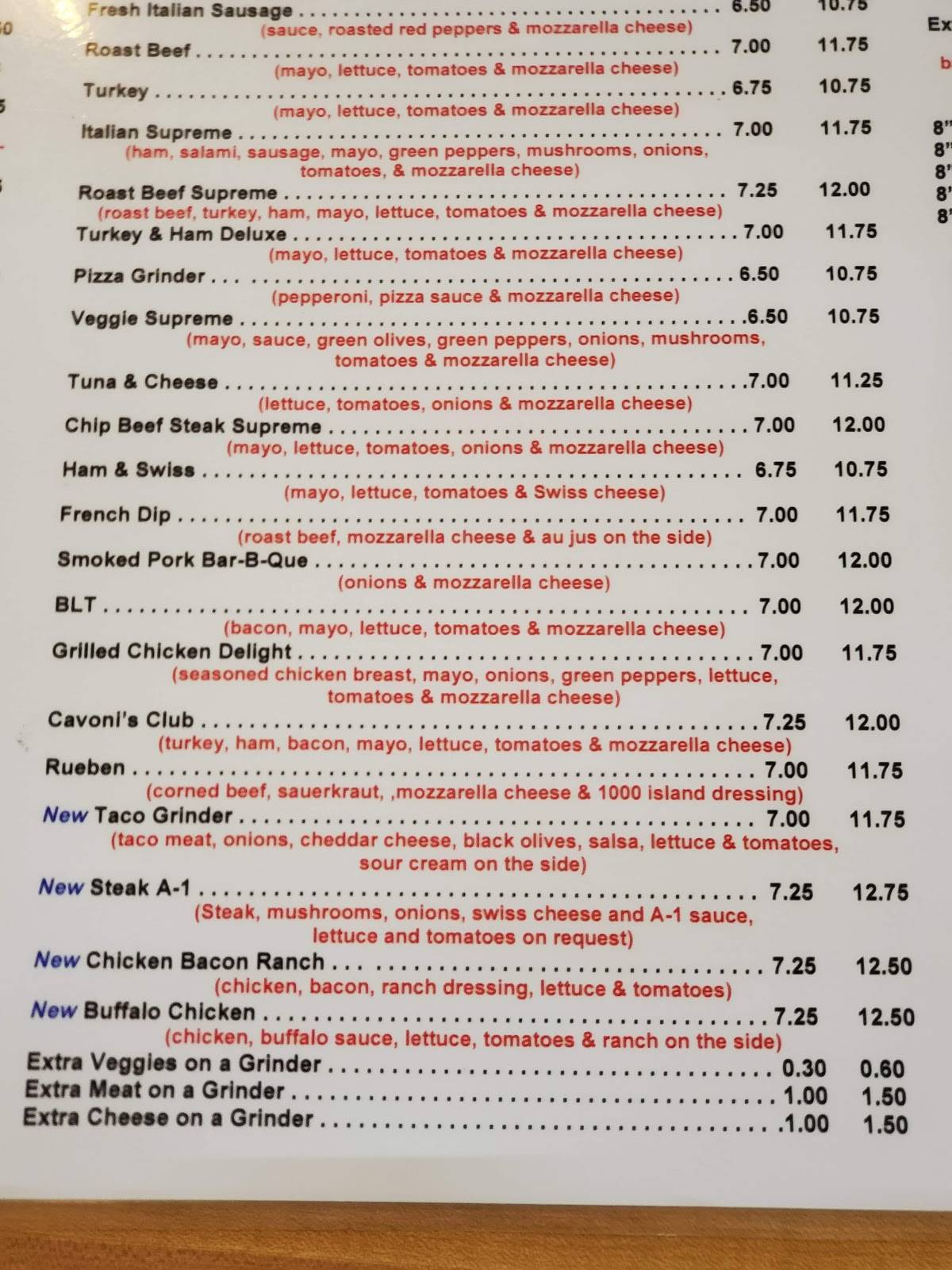 Menu at Cavoni's Pizza pizzeria, Three Rivers