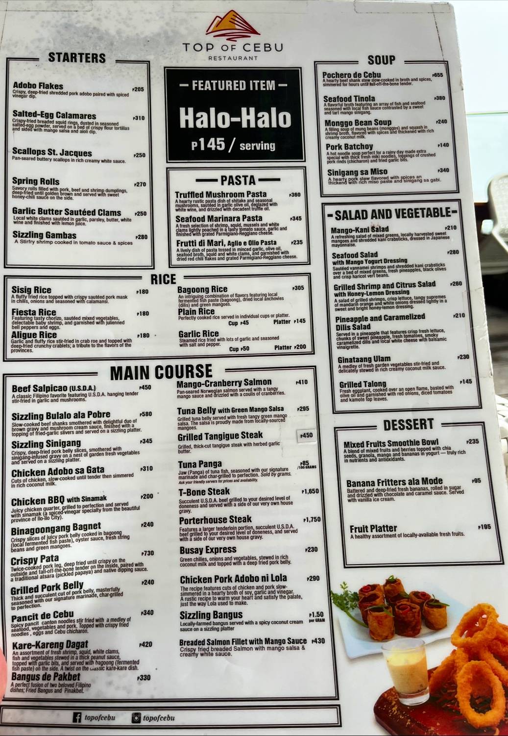 Menu at Top of Cebu restaurant, Cebu City