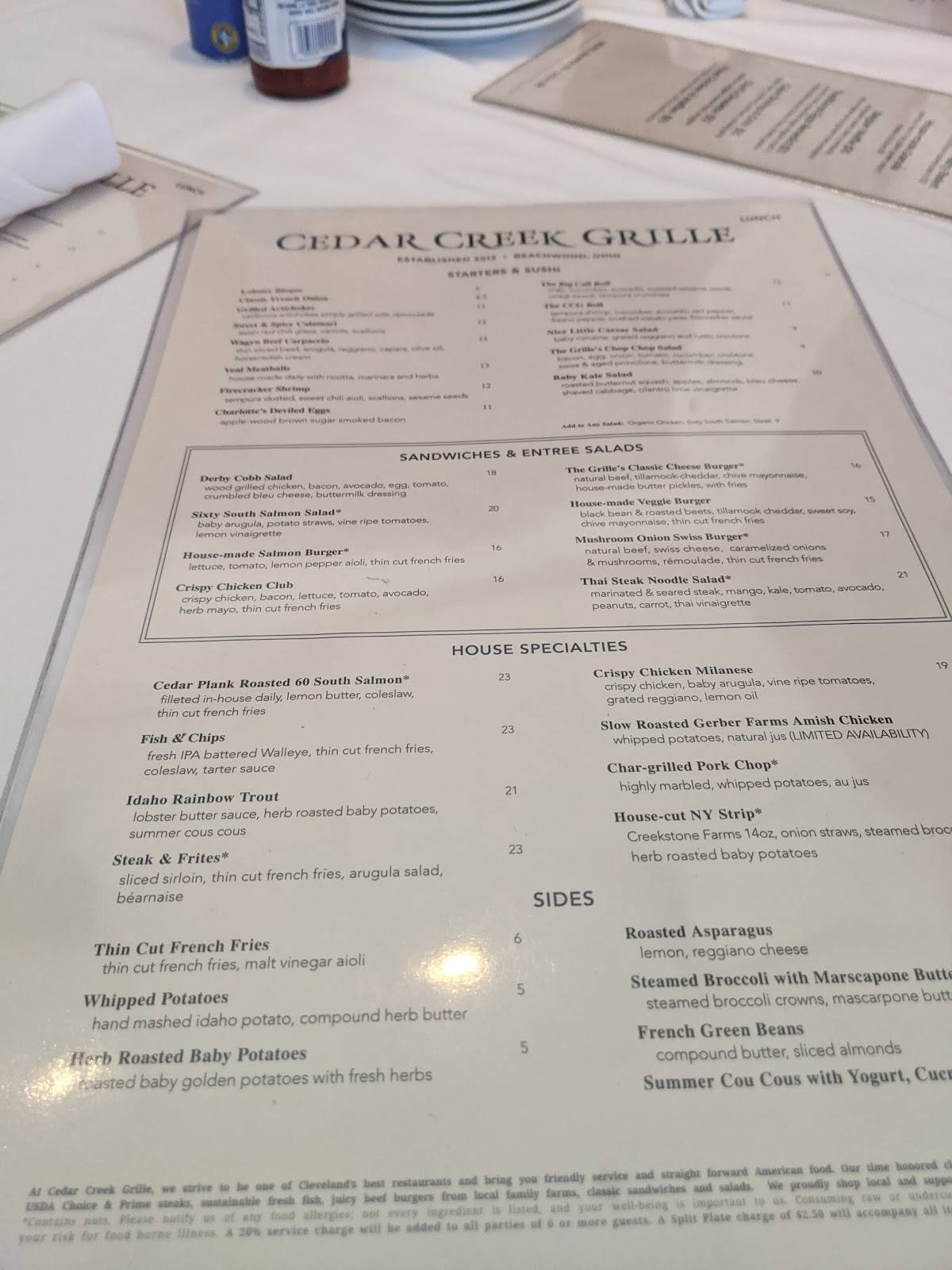 Menu at Cedar Creek Grille restaurant, Beachwood