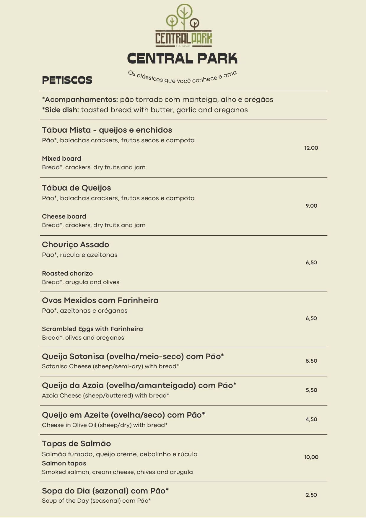 Menu at Central Park pub & bar, Cadaval