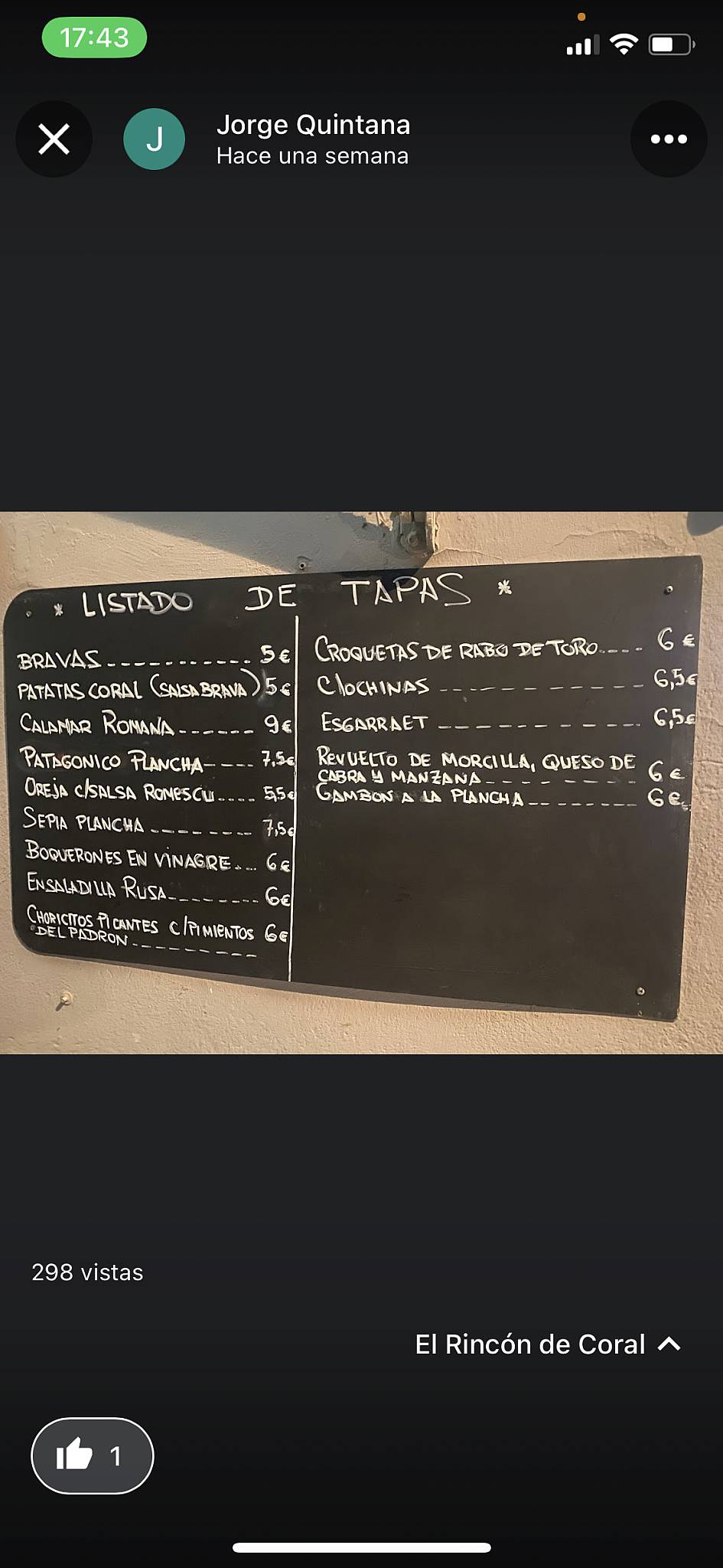 Menu at El Rincón pub & bar, Valencia