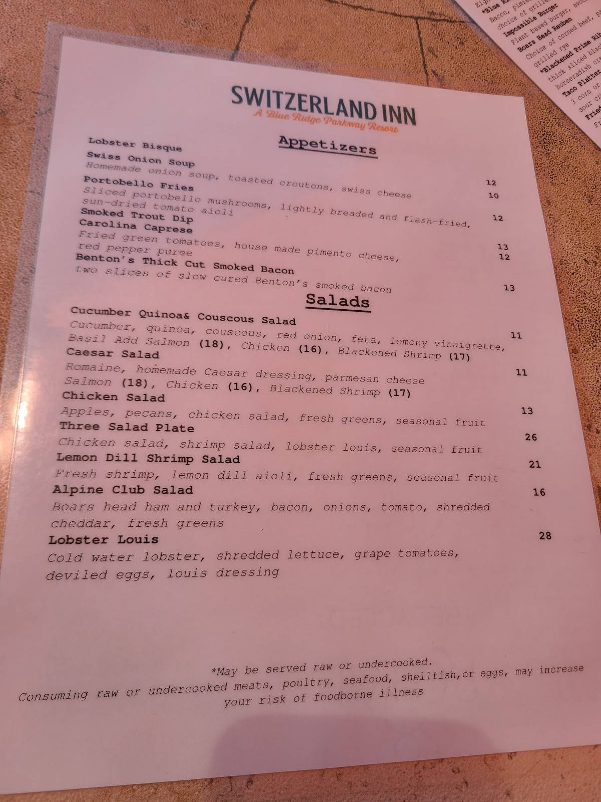 Menu at Chalet Restaurant, Little Switzerland