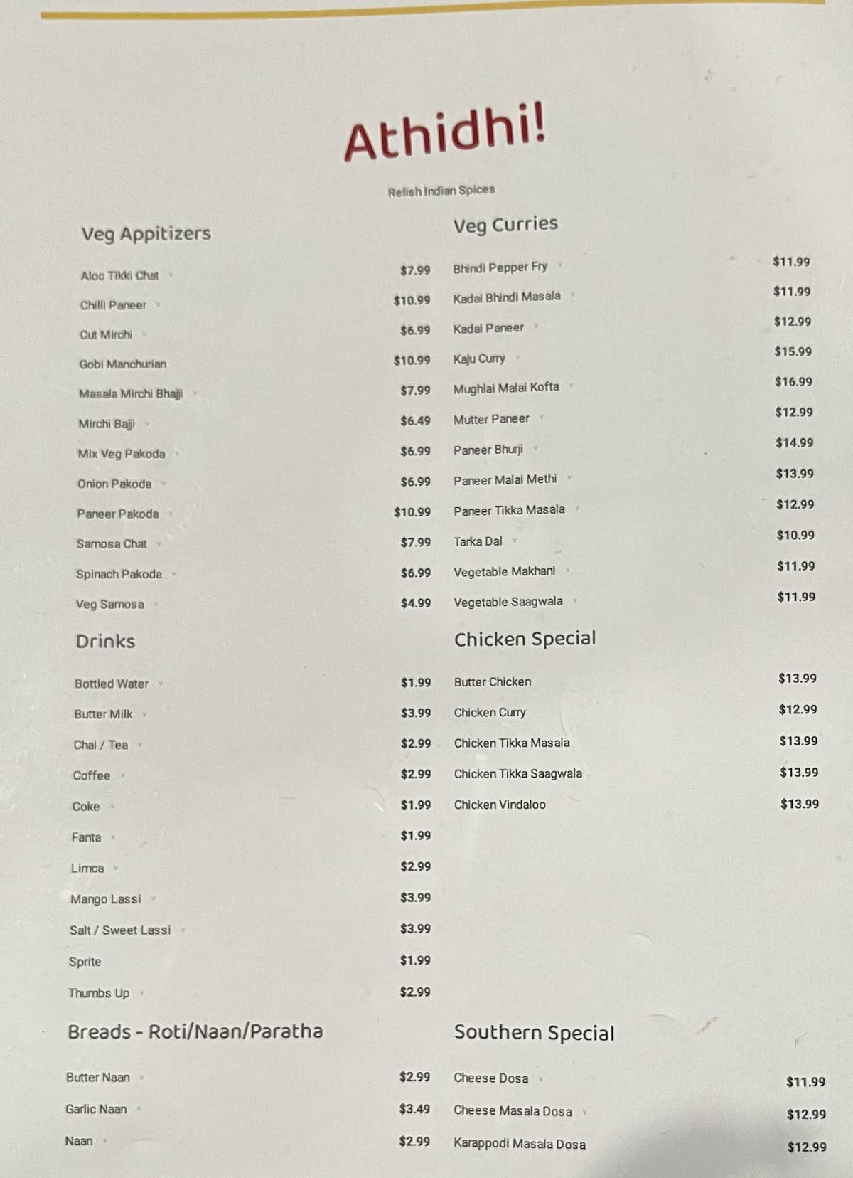 Menu at Athidhi Authentic Indian Cuisine & Banquets restaurant, Chantilly