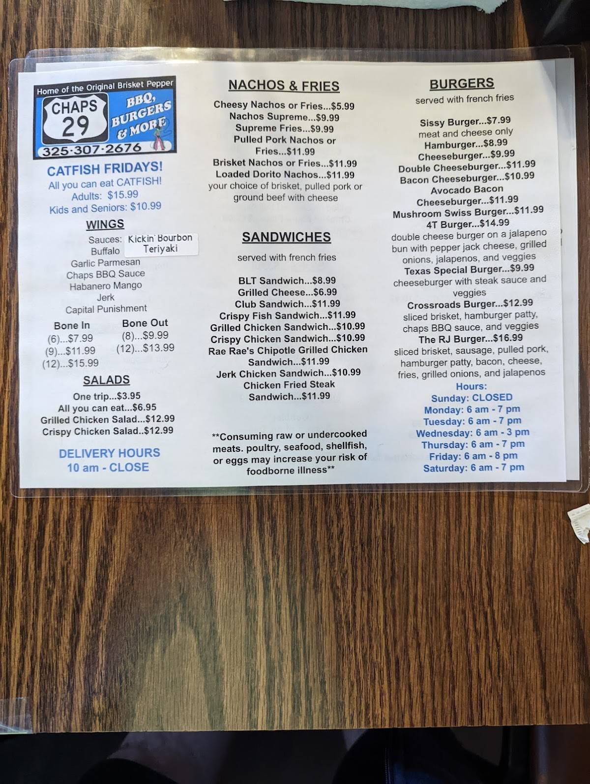 Menu at Chap's 29 Cafe and Grill, Llano