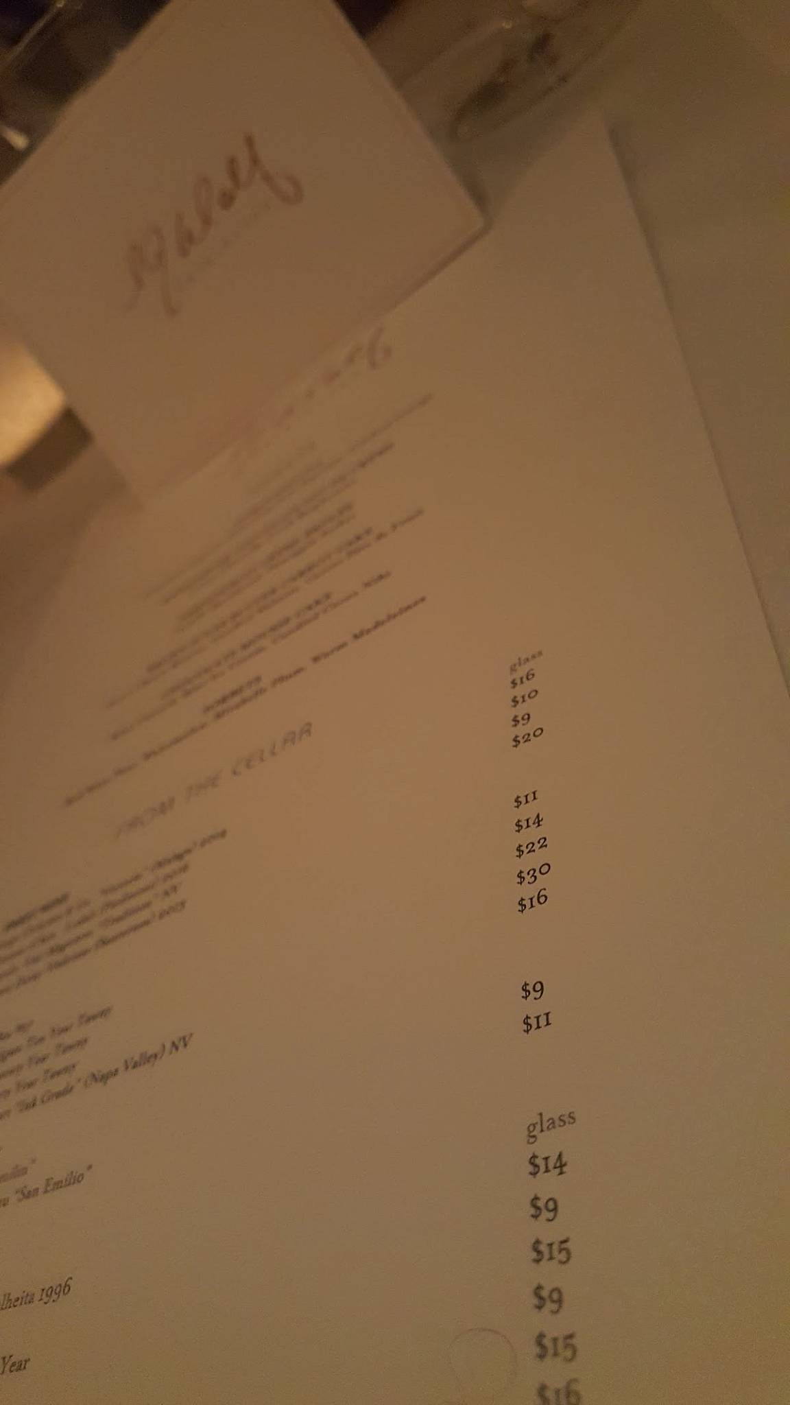 Menu at Charleston restaurant, Baltimore