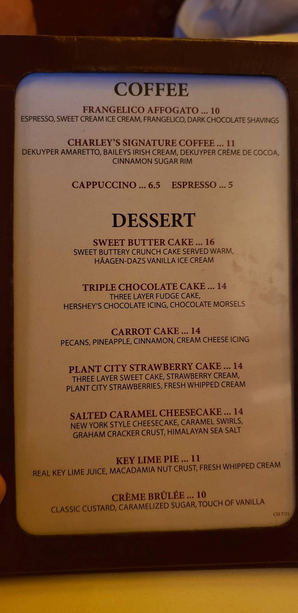 Menu at Charley's Steak House steakhouse, Tampa