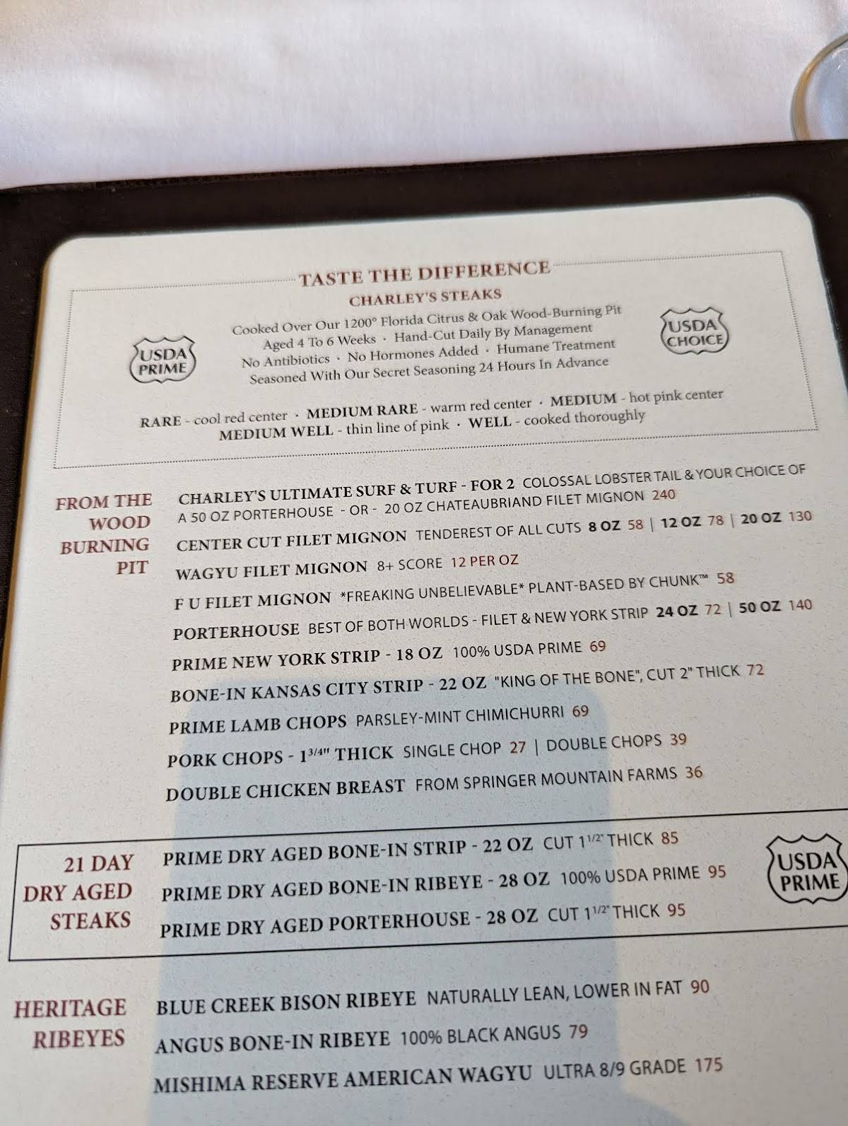 Menu at Charley's Steak House steakhouse, Tampa